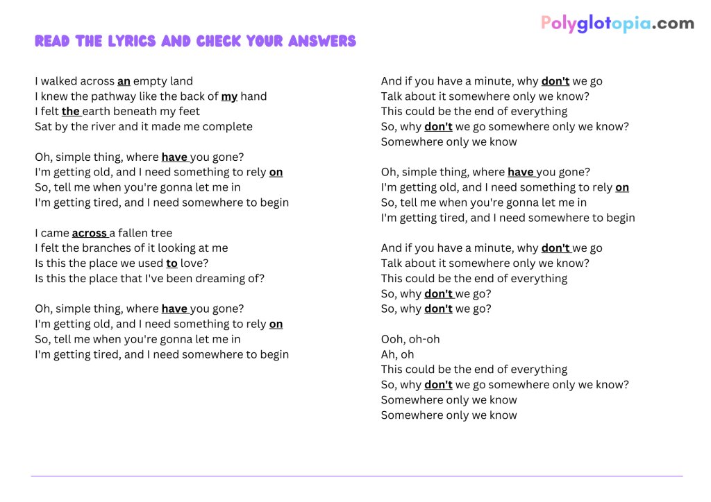 Somewhere only we know - Keane | Worksheet | PET Reading Part 6 ...