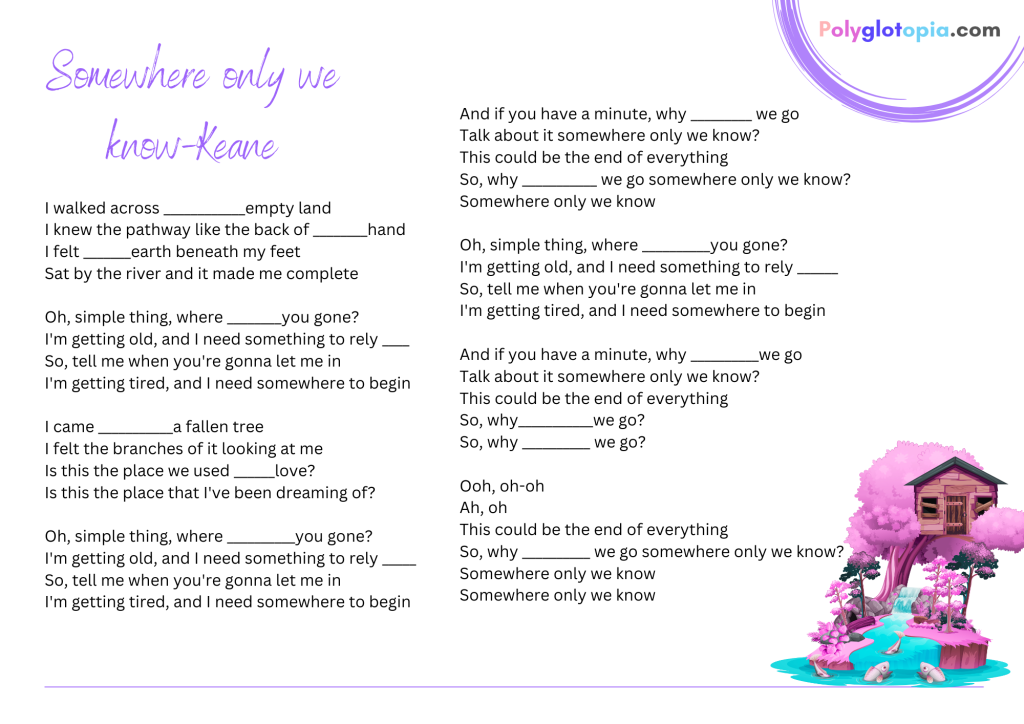 Somewhere only we know - Keane | Worksheet | PET Reading Part 6 ...