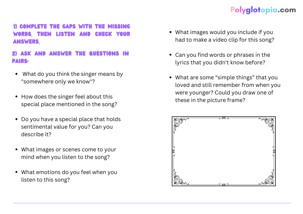 Somewhere only we know - Keane | Worksheet | PET Reading Part 6 ...